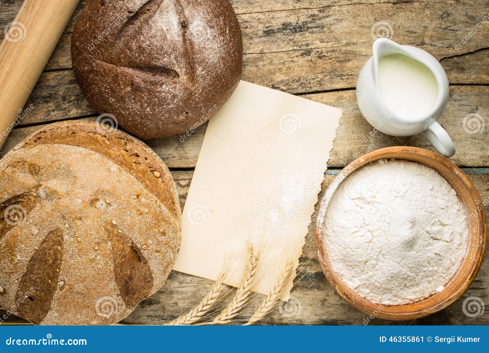 Bakery Ingredients with Fresh Loaf of Bread. Stock Image - Image of ...