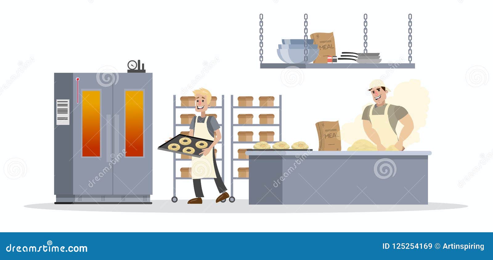 Bakery Kitchen Interior with Workers Baking Bread Stock Vector ...