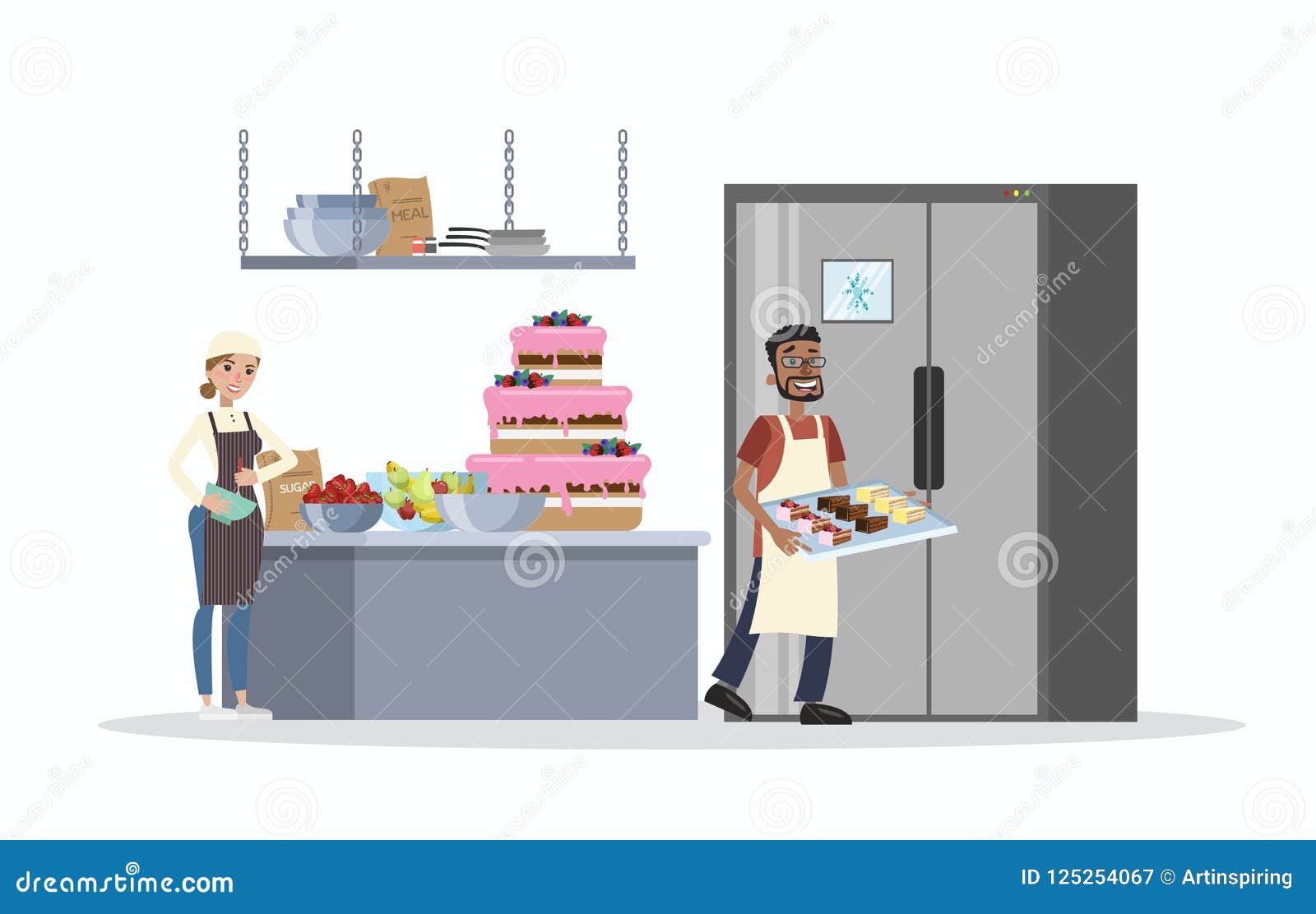Bakery Kitchen Interior with Workers and Cake Stock Vector ...
