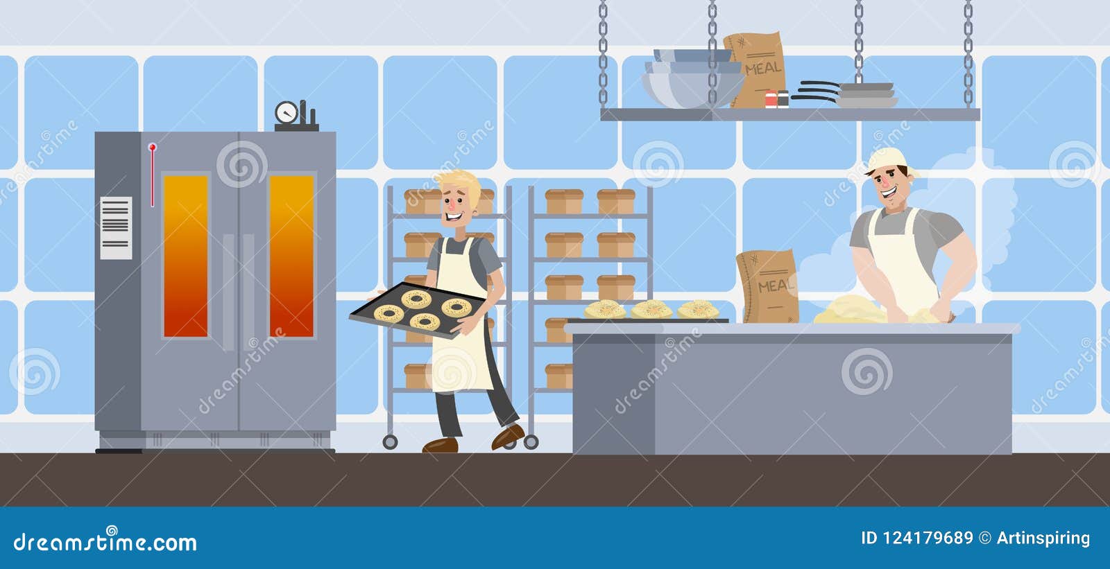 Bakery Kitchen Interior with Workers Baking Bread Stock Vector ...