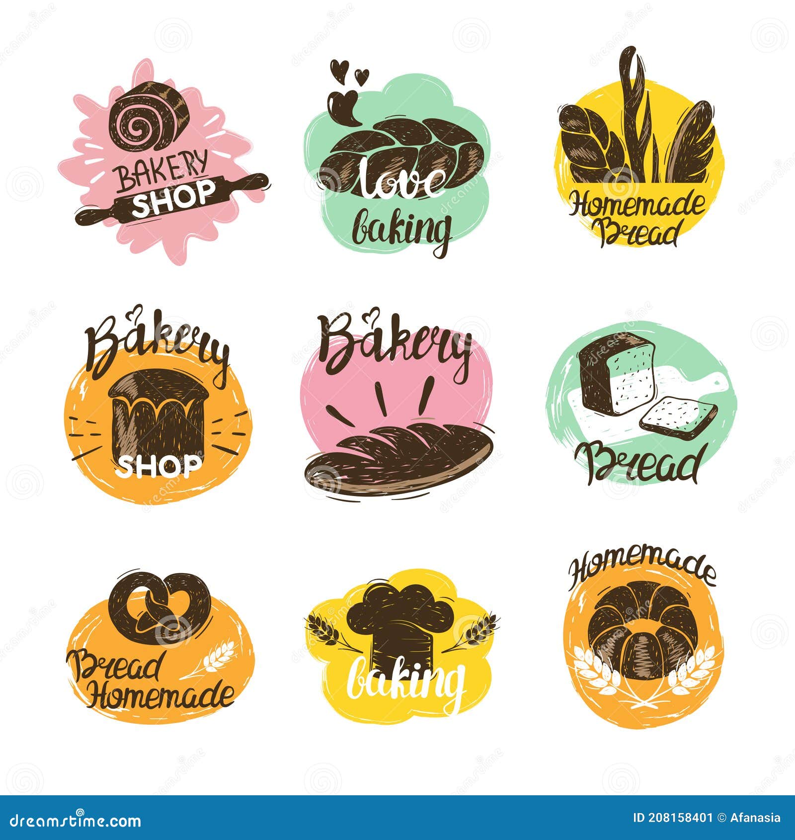 Bakery Logotypes Set. Colorful Doodle Bakery Logos and Labels ...