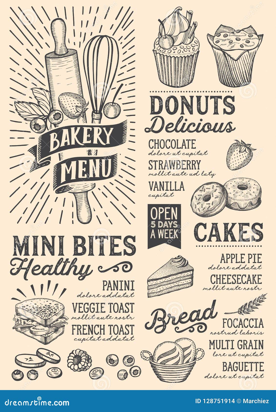 Bakery Menu Food Template for Restaurant with Doodle Hand-drawn Stock ...