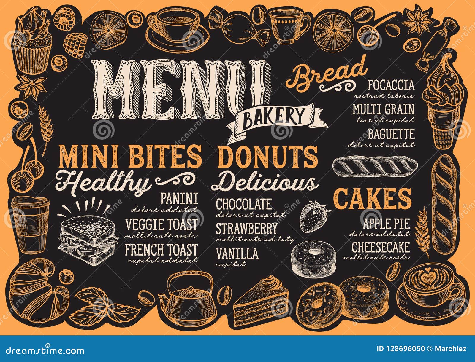 Bakery Menu for Restaurant with Frame of Hand-drawn Fruits. Stock ...