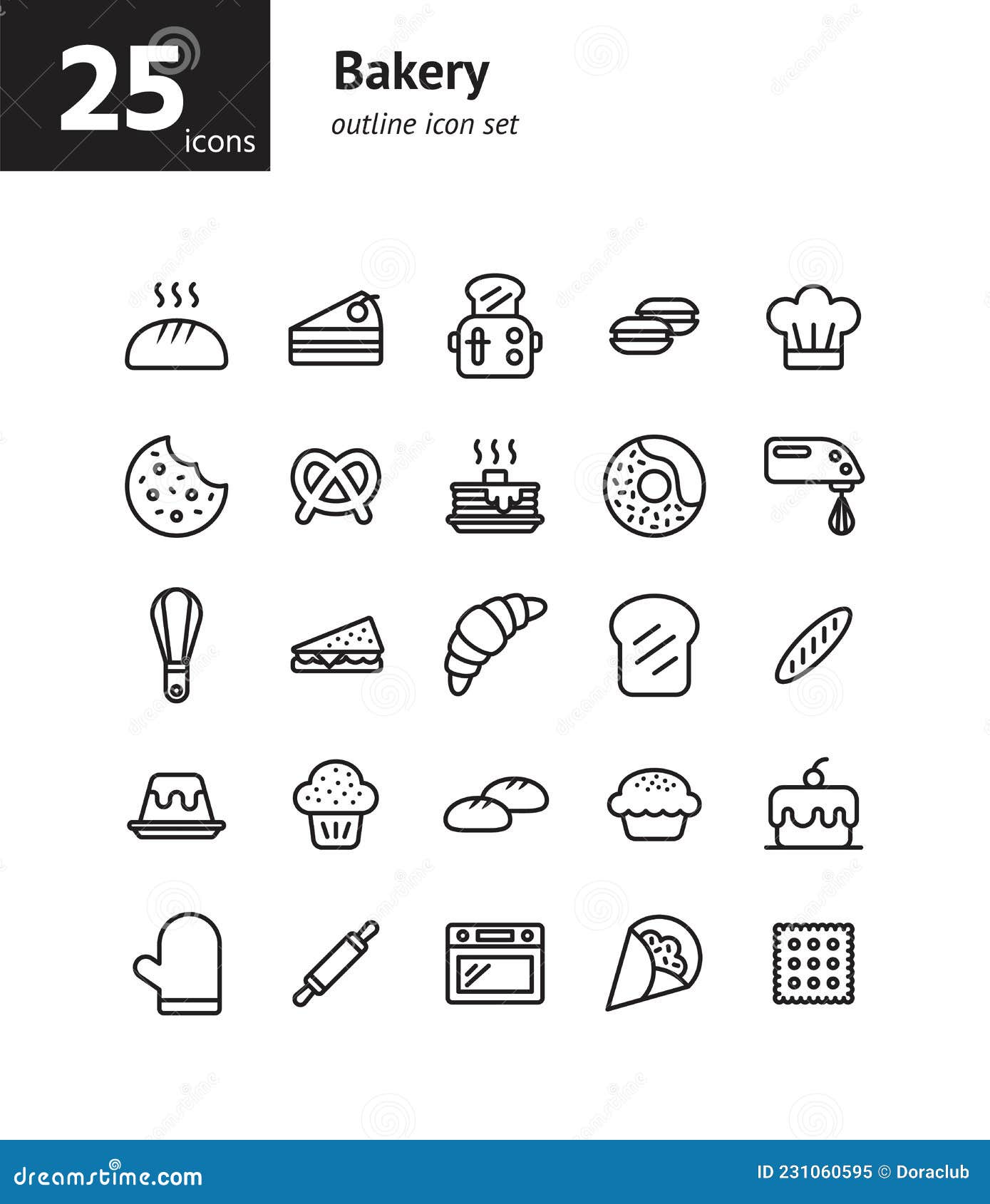 Bakery outline icon set. stock vector. Illustration of pudding - 231060595