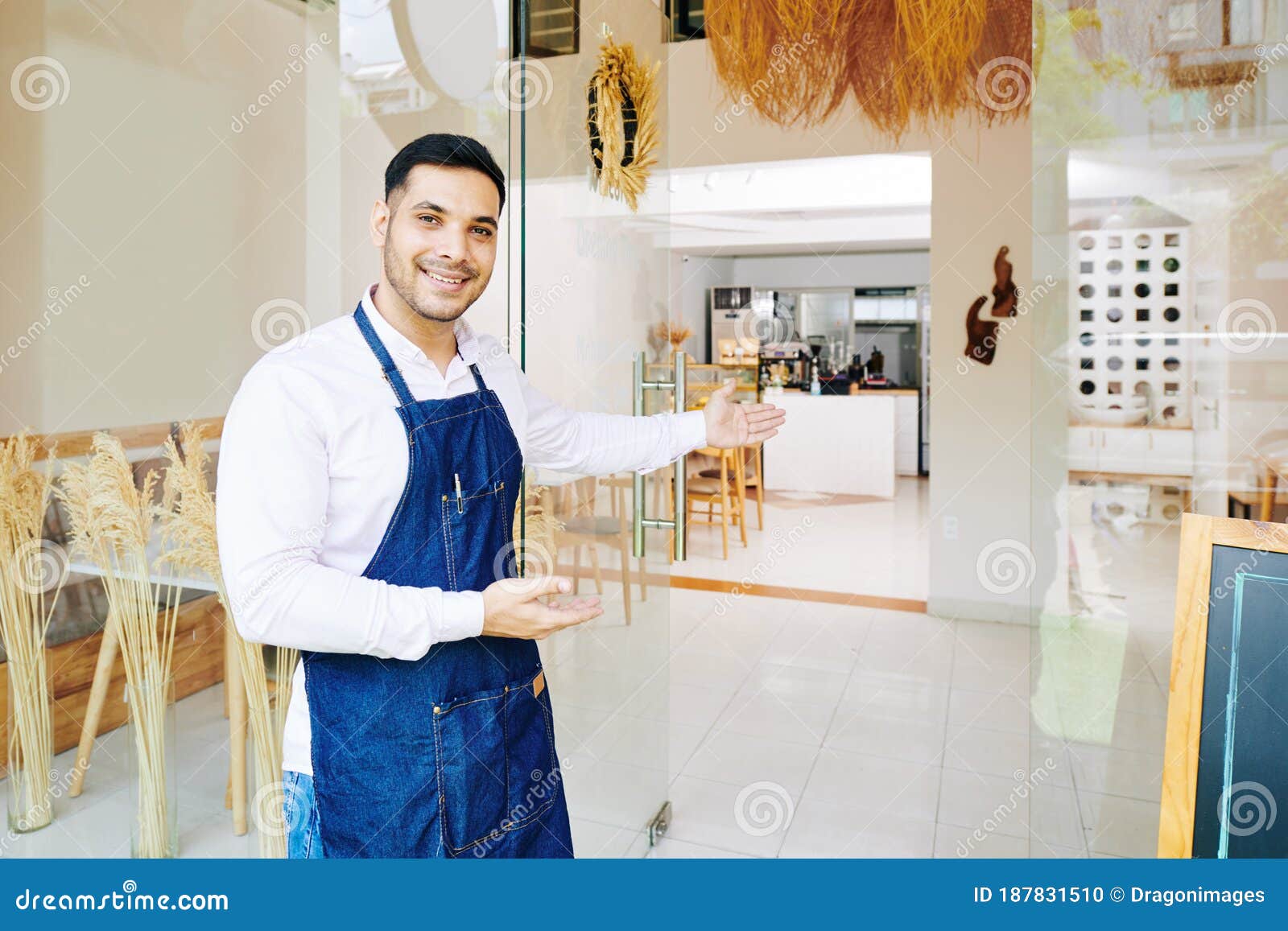 Bakery Owner Inviting Customers Stock Photo - Image of positive ...