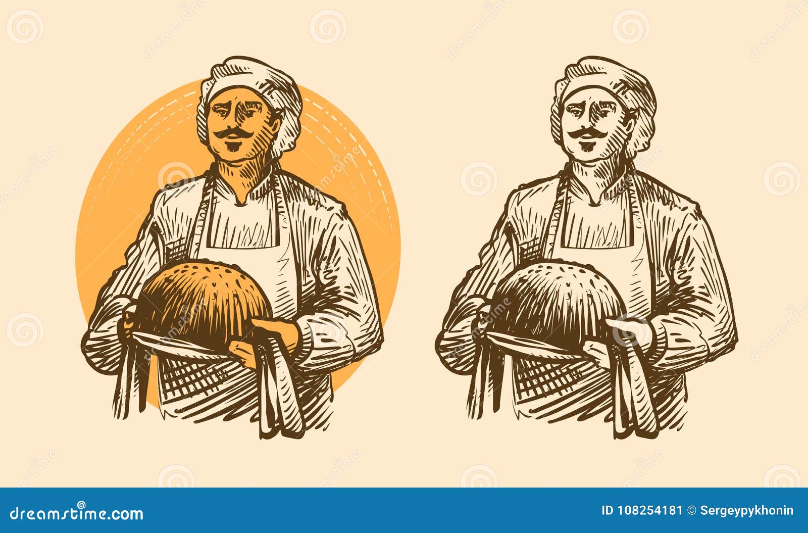 Bakery, Pastries Concept. Cook or Baker with Hot Bread in Hands. Sketch ...
