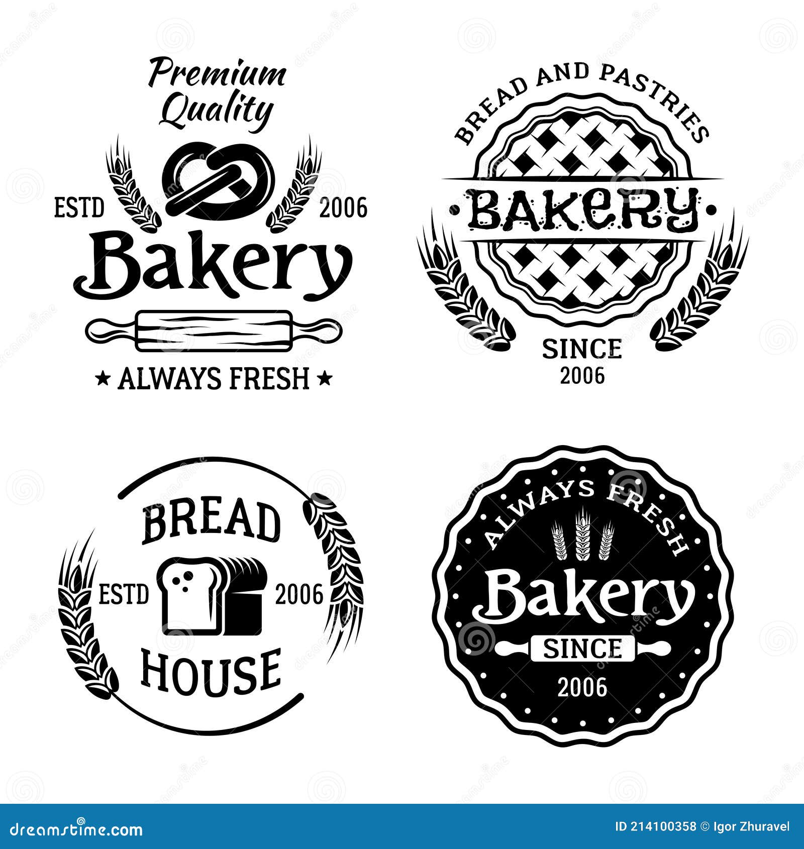 Bakery and Pastries Set of Four Vector Monochrome Emblems, Badges ...
