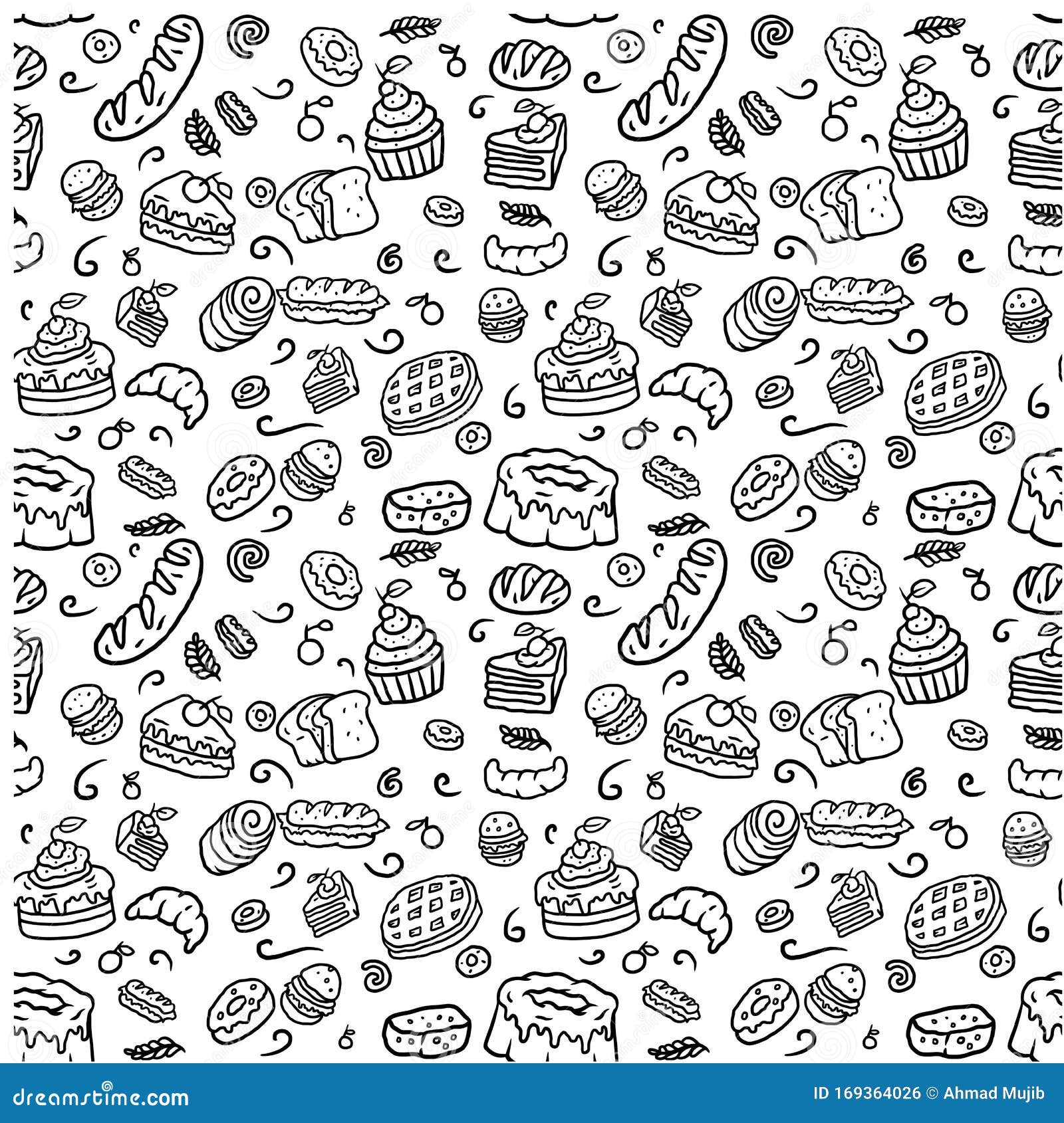 Bakery Pattern, Hand Drawn Line Art Vector Illustration Stock Vector ...