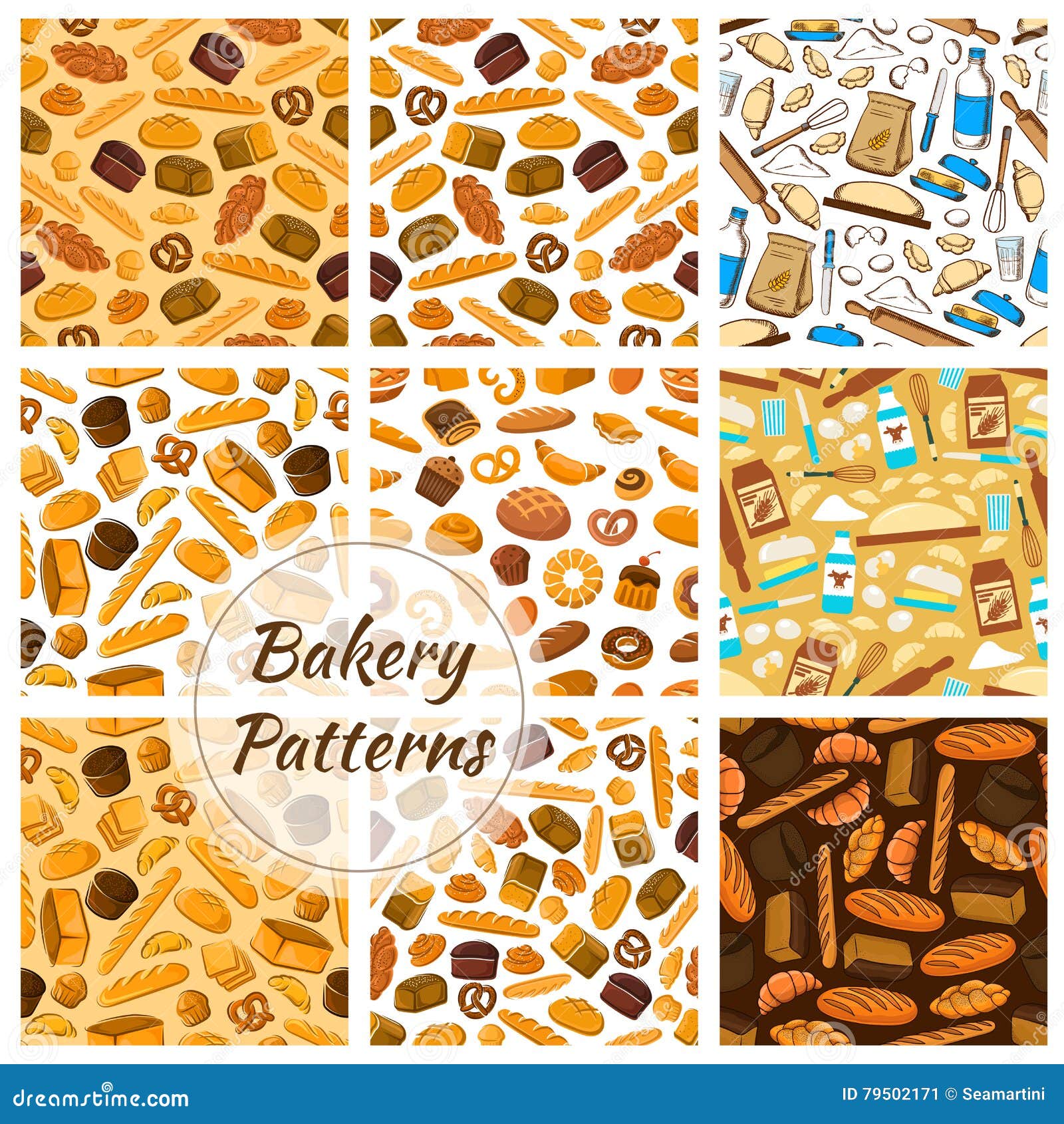 Bakery Patterns Set. Bread and Baking Kitchenware Stock Vector ...