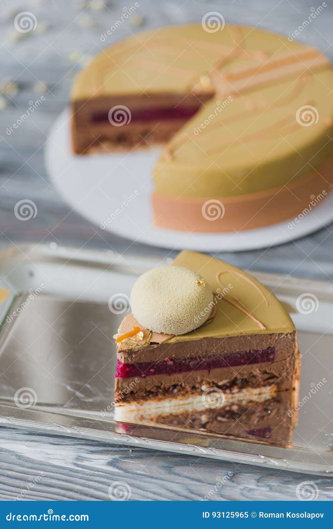 Bakery with Piece of Unusual Yellow Mousse Cake with Almond Dacquoise ...