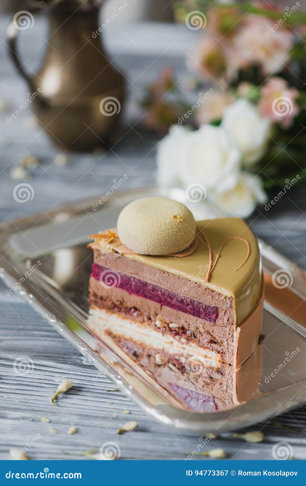 Bakery with Piece of Unusual Yellow Mousse Cake with Almond Dacquoise ...