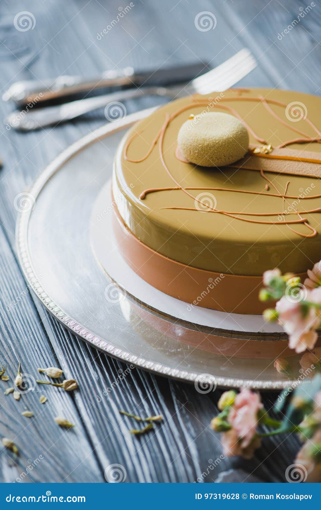 Bakery With Piece Of Unusual Yellow Mousse Cake With Almond Dacquoise ...