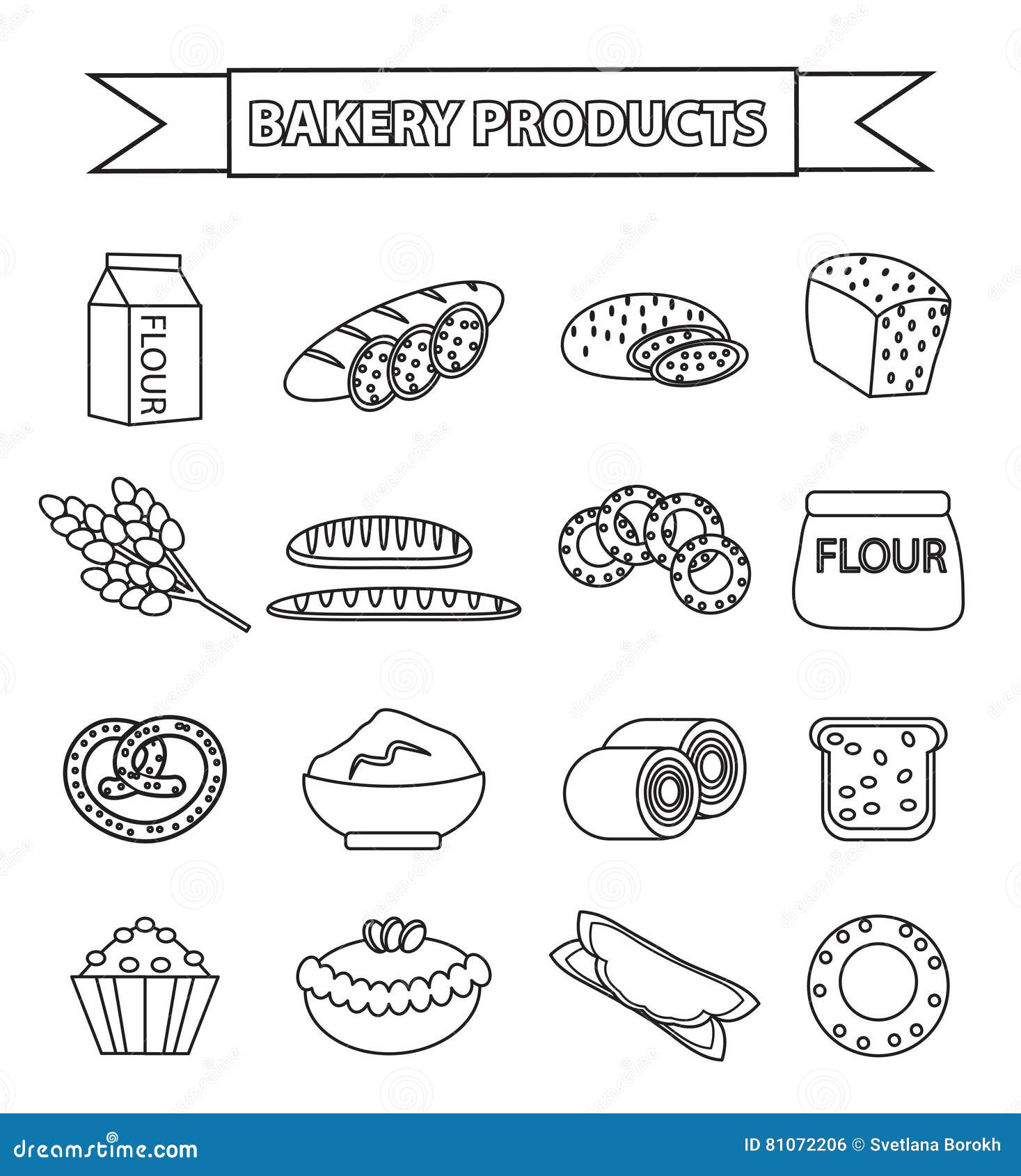 Bakery Products Icon Set, Line, Outline, Doodle Style. of Different ...