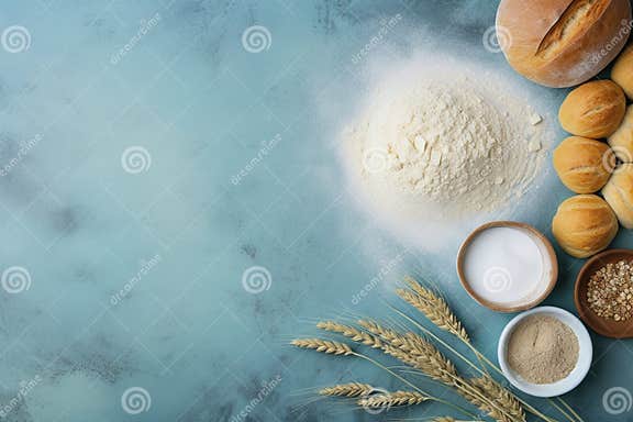 Bakery Products and Wheat Ears on Light Blue Background Stock ...