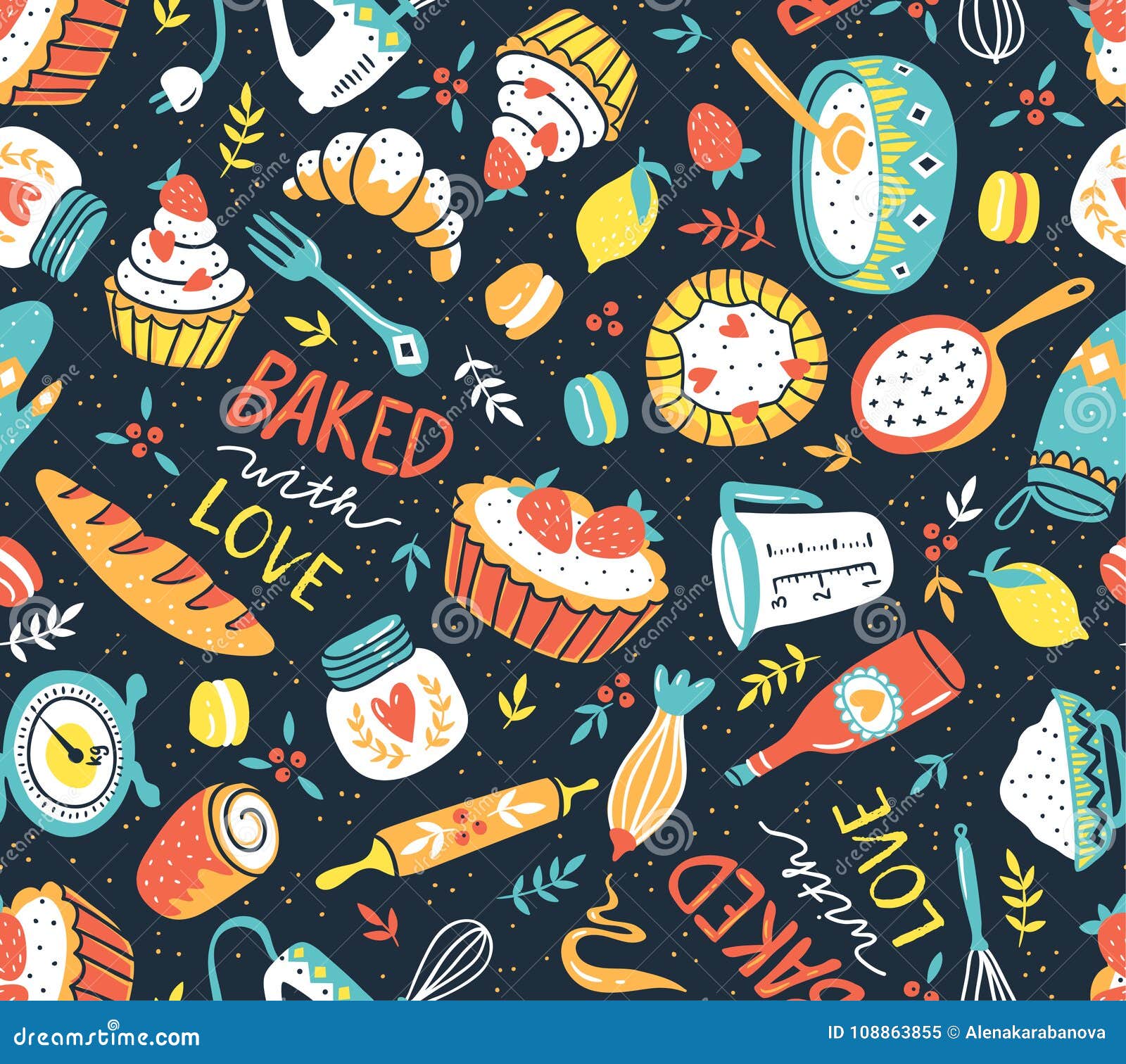 Bakery Retro Seamless Pattern with Dots and Floral Elements. Vector ...