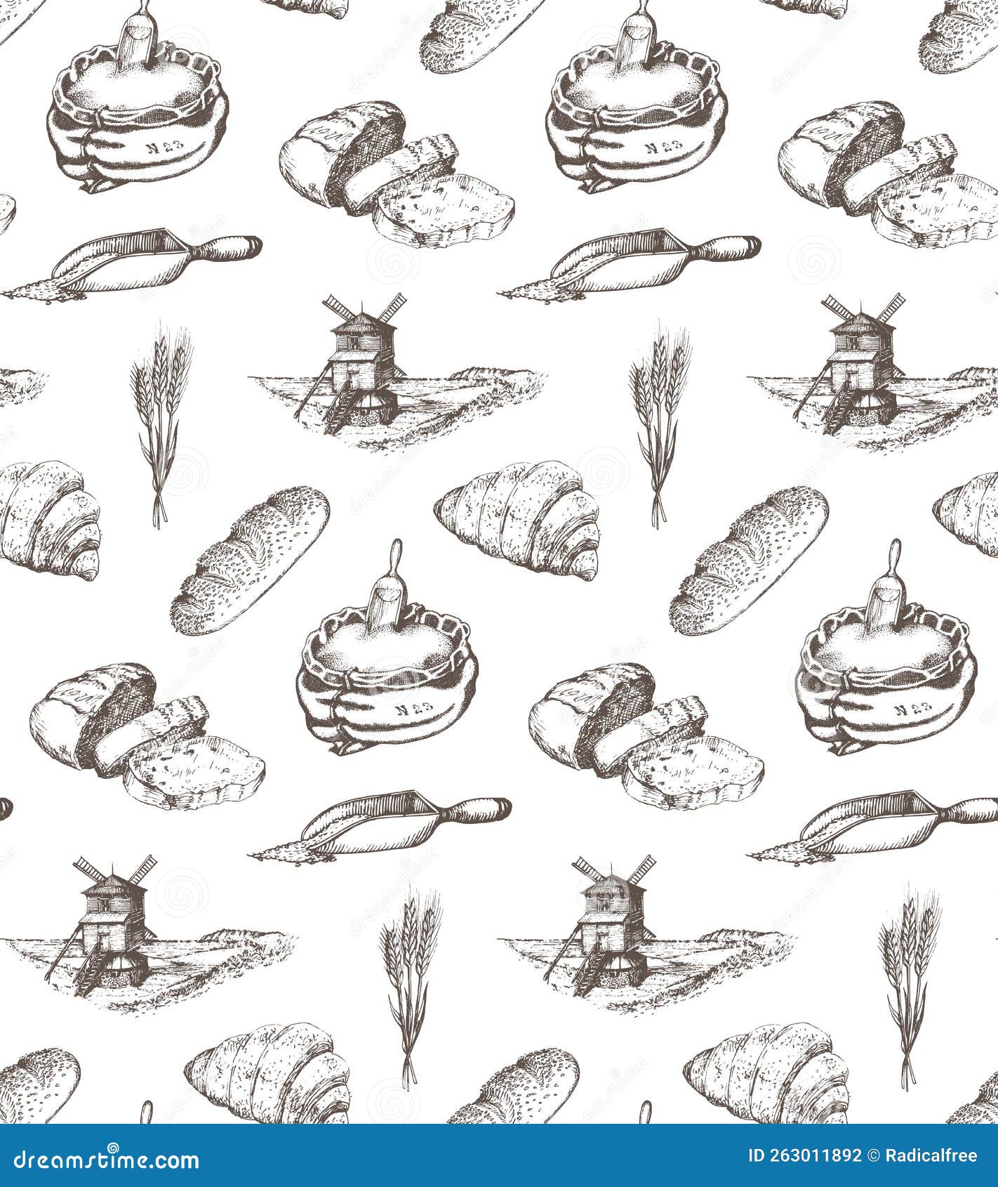 Bakery Seamless Pattern in Vector, Hand Drawn Set Stock Vector ...