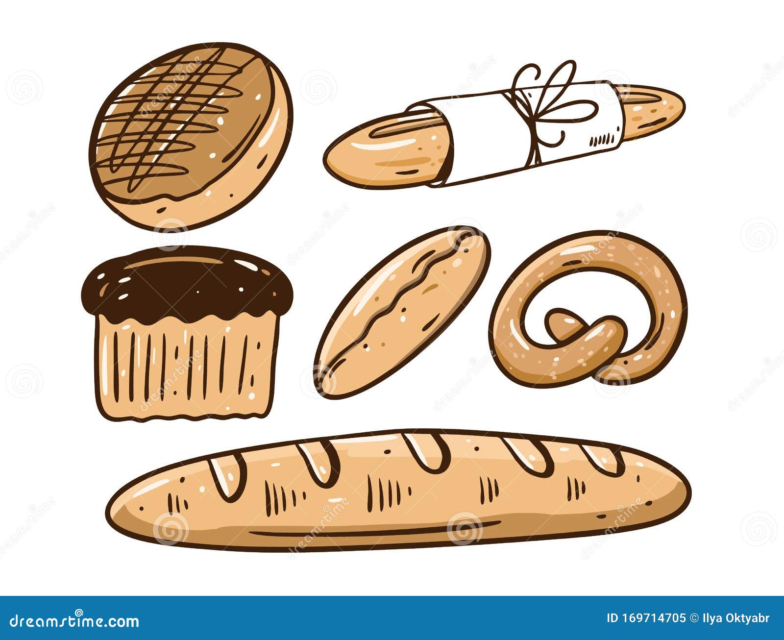Bakery Set. Bread, Loaf, Pie. Hand Draw Vector Illustration. Cartoon ...