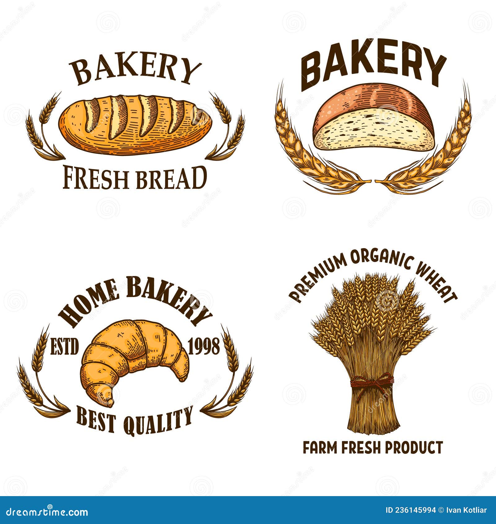 Bakery. Set of Emblems with Bread in Engraving Style. Design Element ...