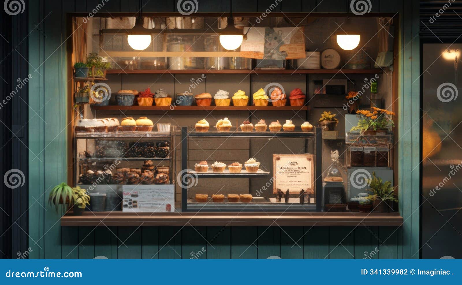 A Bakery Shop Window Display with Assorted Cupcakes and Pastries Stock ...