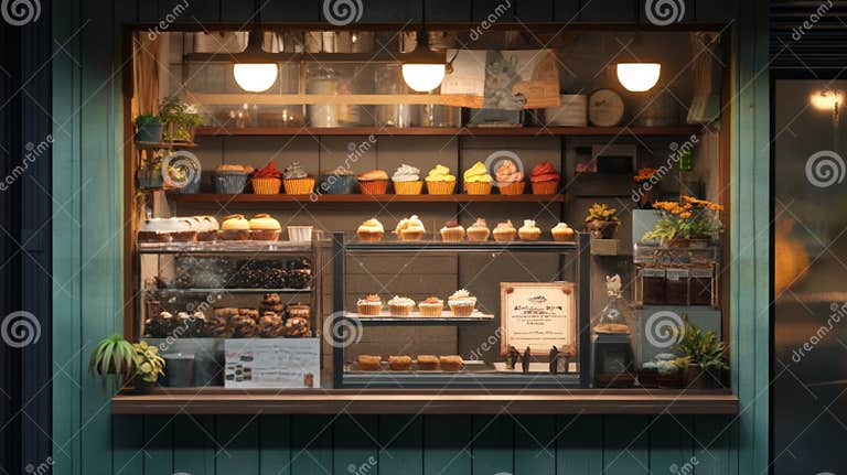 A Bakery Shop Window Display with Assorted Cupcakes and Pastries Stock ...