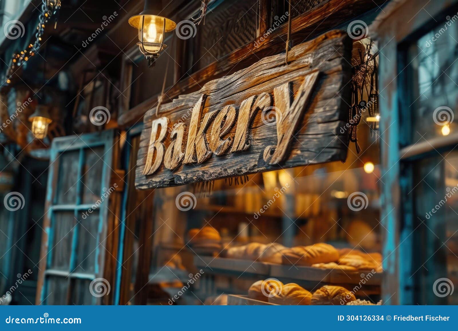 A Bakery Sign Hanging from the Side of a Building Stock Photo - Image ...