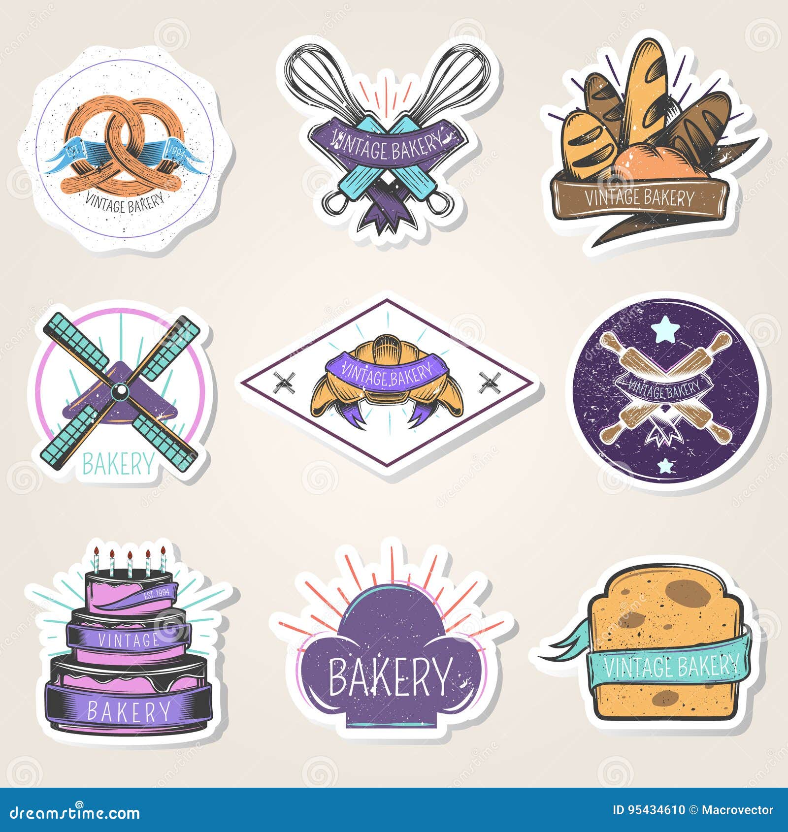 Bakery Stickers Set Vintage Style Stock Vector - Illustration of flour ...
