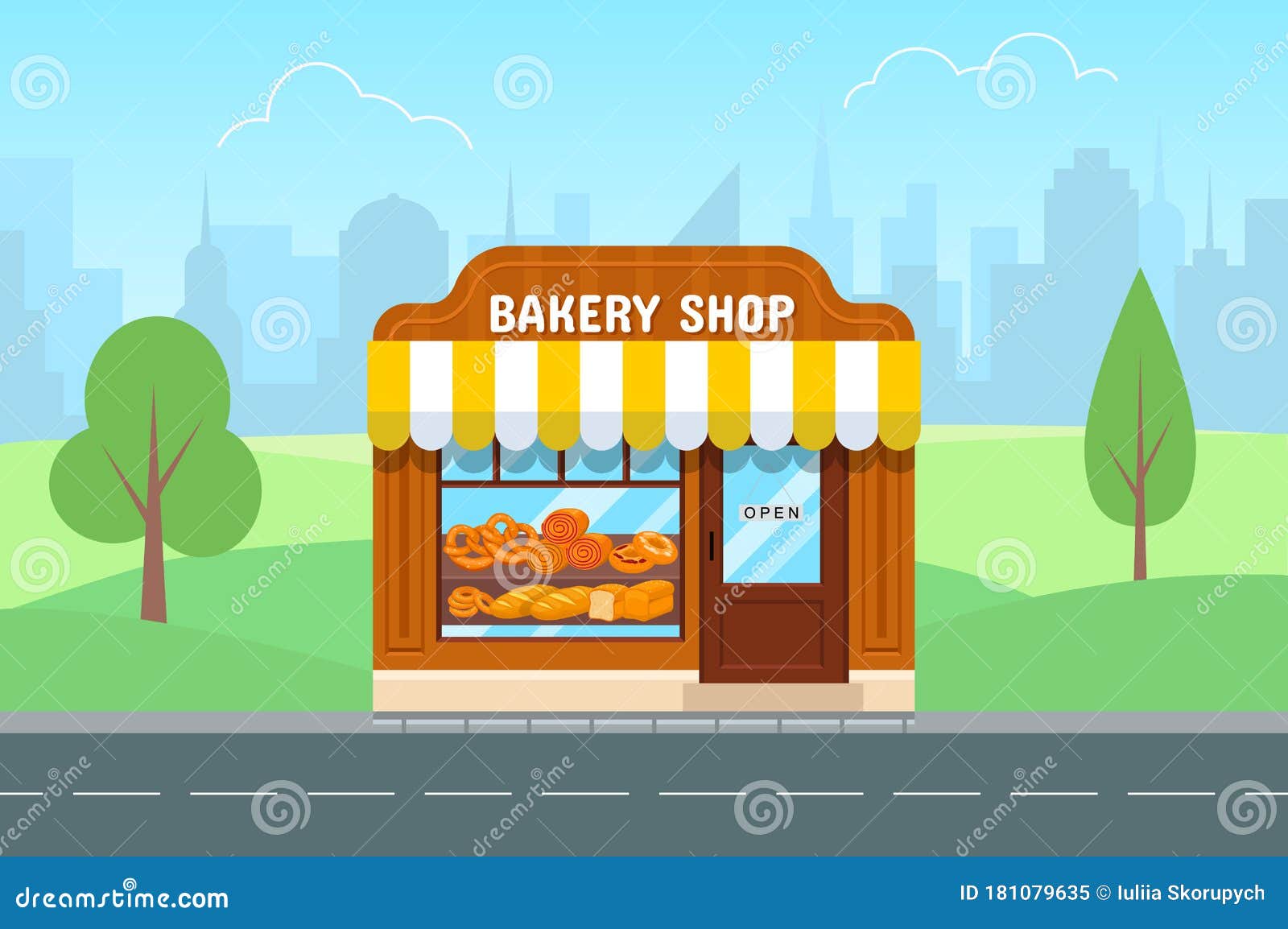 Bakery Store Building Facade With Signboard And Showcase With Bakery ...