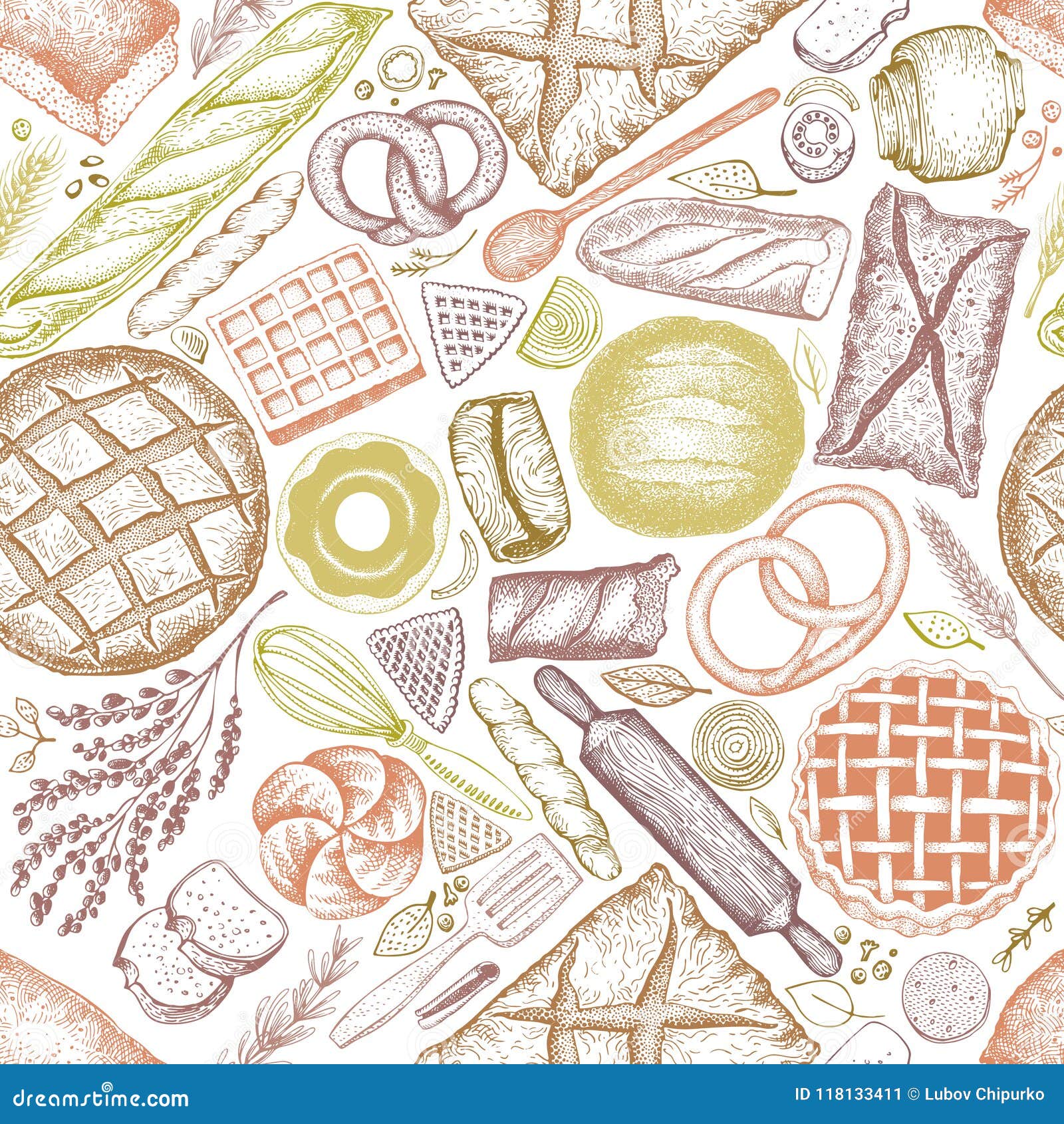 Bakery Top View Background. Hand Drawn Vector Seamless Pattern with ...