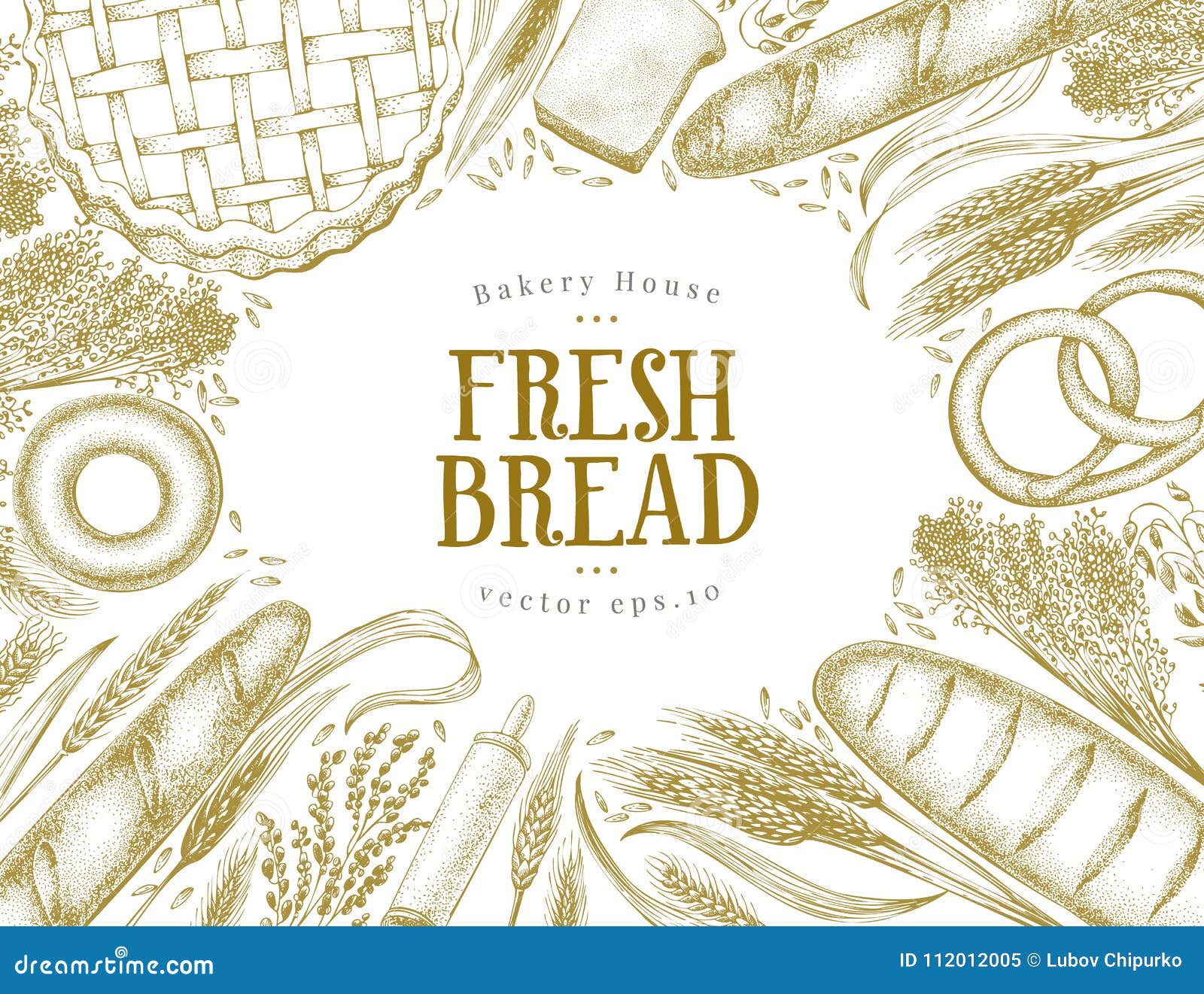 Bakery Top View Banner. Hand Drawn Frame with Bread, Pastry, Wheat ...