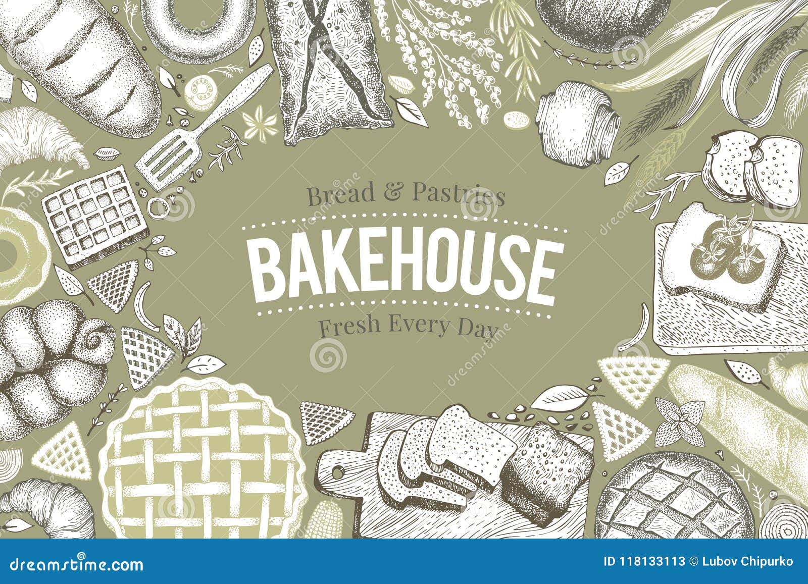 Bakery Top View Frame. Hand Drawn Vector Illustration with Bread and ...