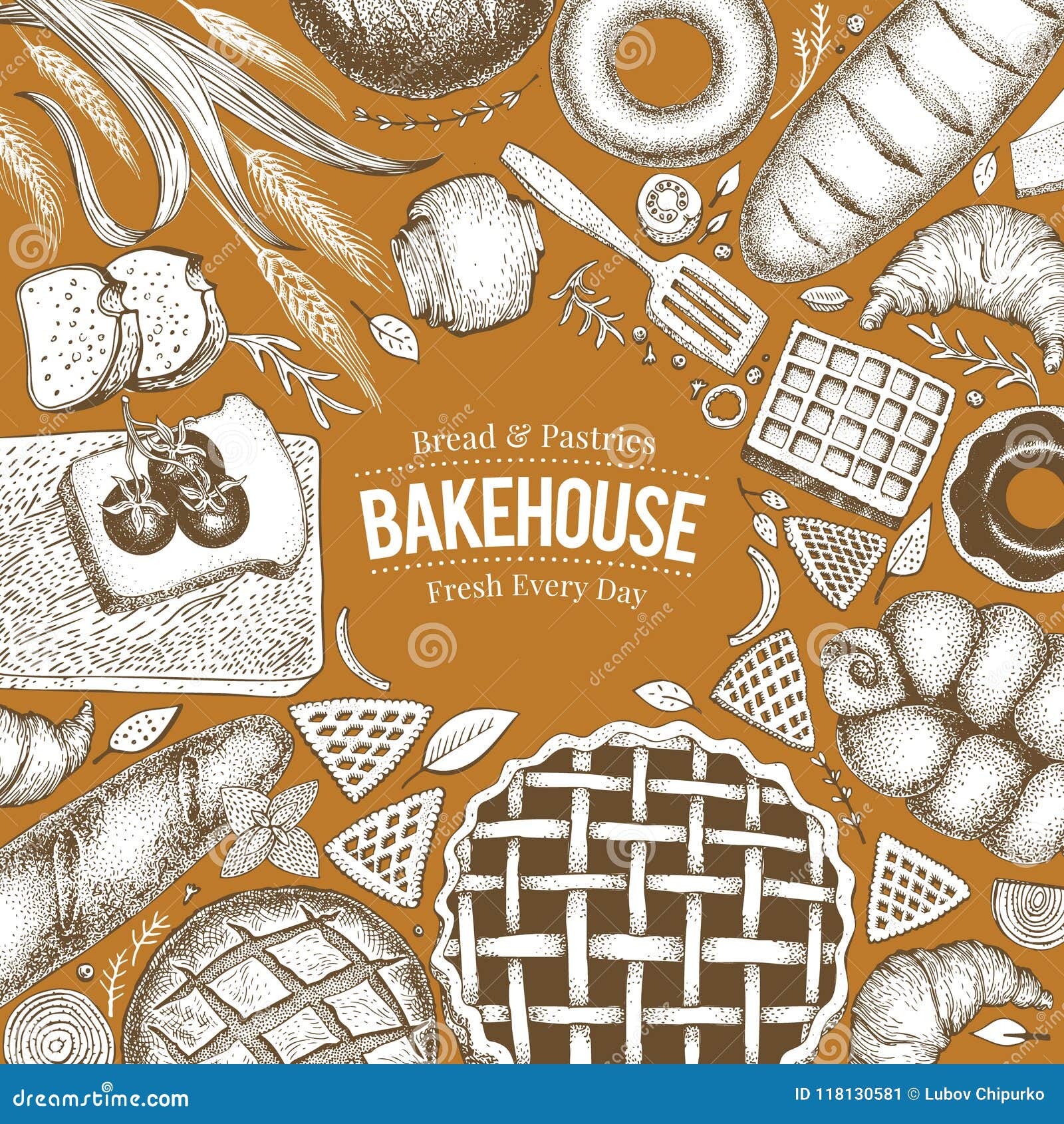 Bakery Top View Frame. Hand Drawn Vector Illustration with Bread and ...