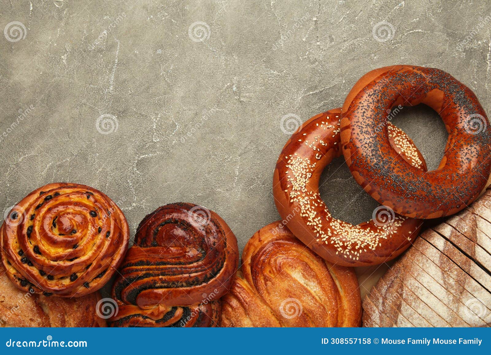 Bakery - Various Kinds of Breadstuff. Bread Rolls, Bagel, Sweet Bun on ...