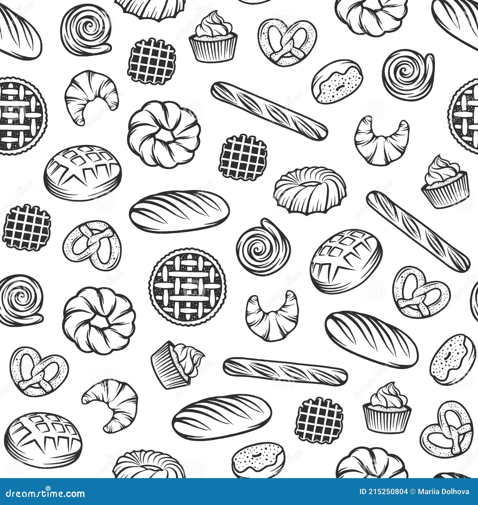 Bakery Vector Seamless Pattern with Engraved Elements. Background Design with Bread, Pastry, Pie ...