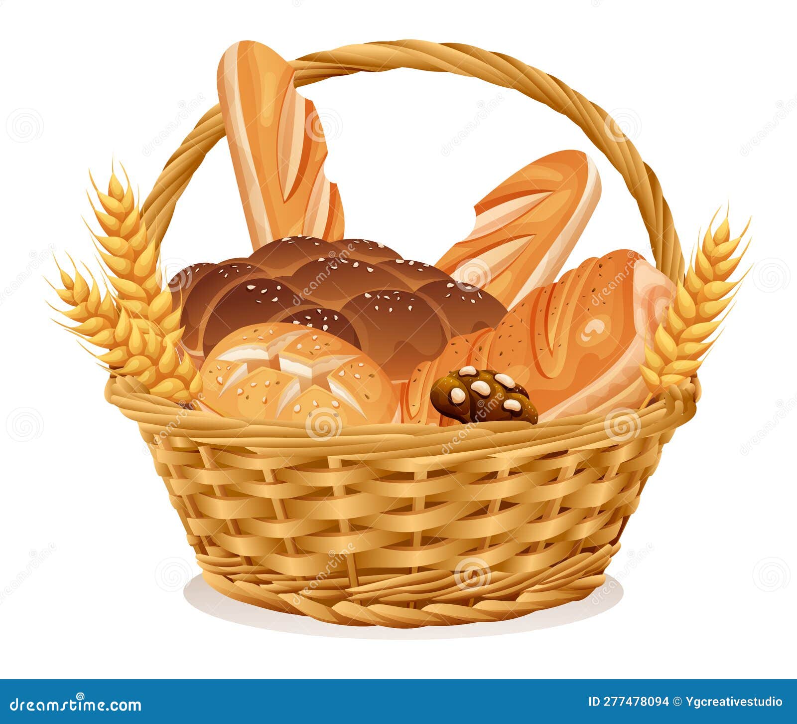Bakery in Wicker Basket Vector Illustration. Basket with Wheat and ...