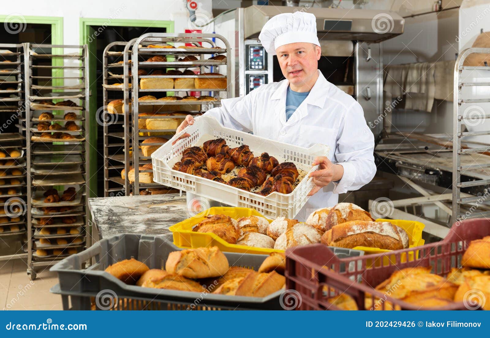 Bakery Worker Carrying Box with Loaves Stock Photo - Image of emotion ...