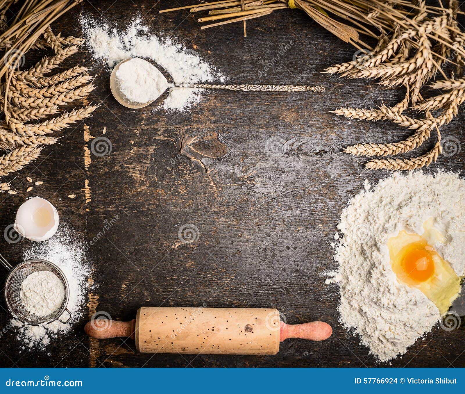 Baking Background with Bake Tools, Flour,egg and Rolling Pin on Rustic ...