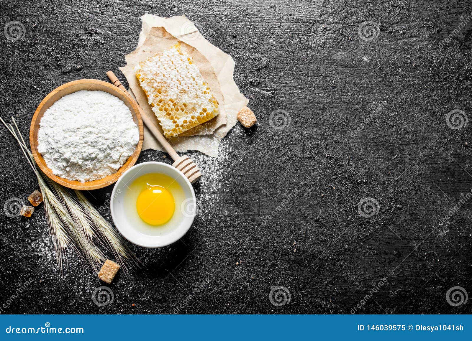 Baking Background. Flour with Honey and Egg in Bowl Stock Image - Image ...