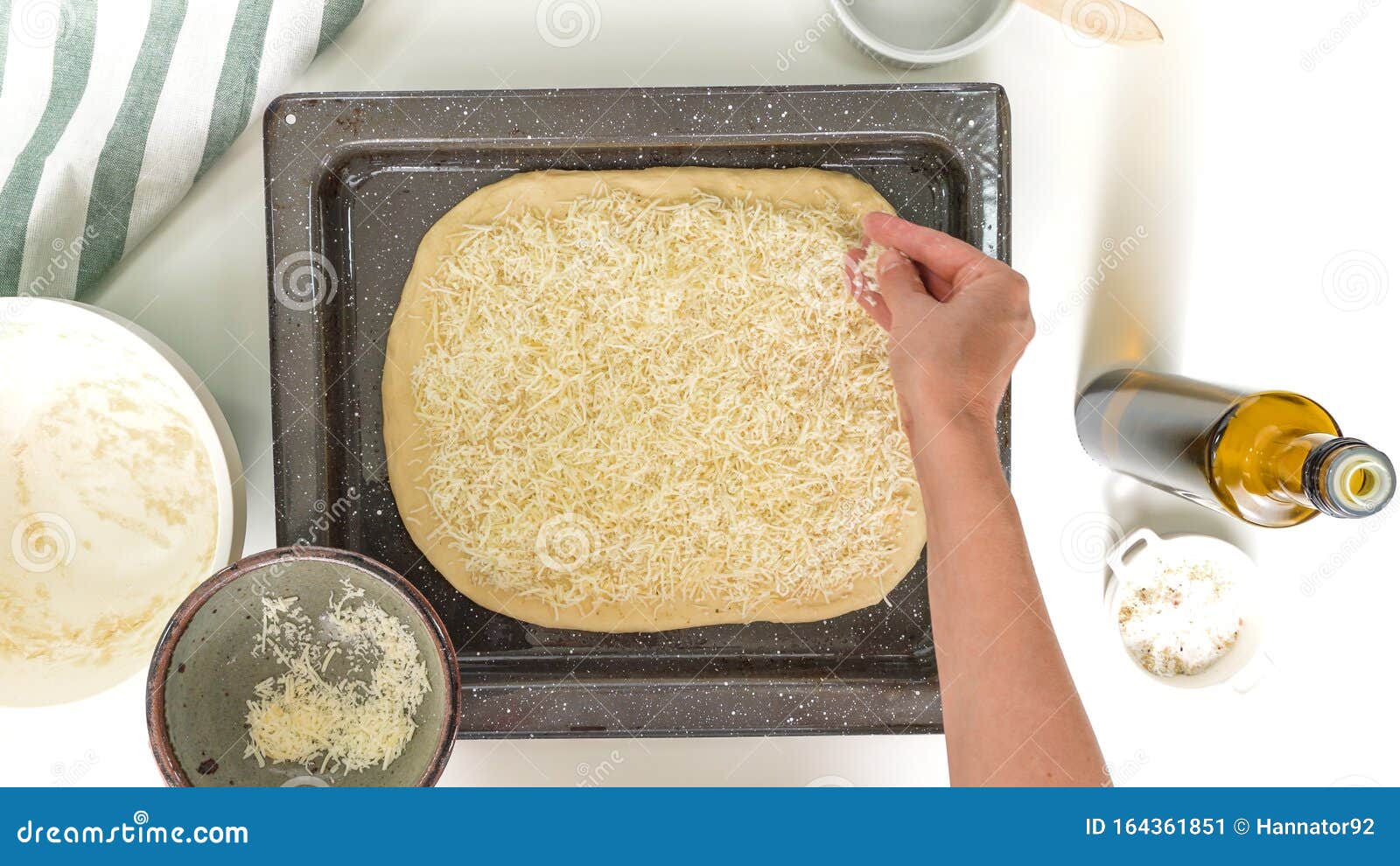 Baking Cheese Bread Step by Step. Topping Bread Dough with Cheese Stock ...