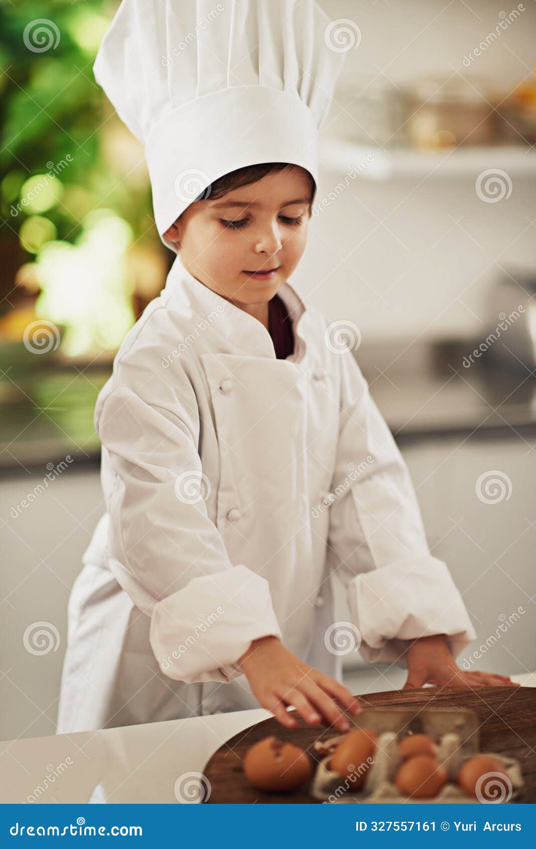 Baking, Child and Chef in Kitchen for Learning or Development with Eggs ...