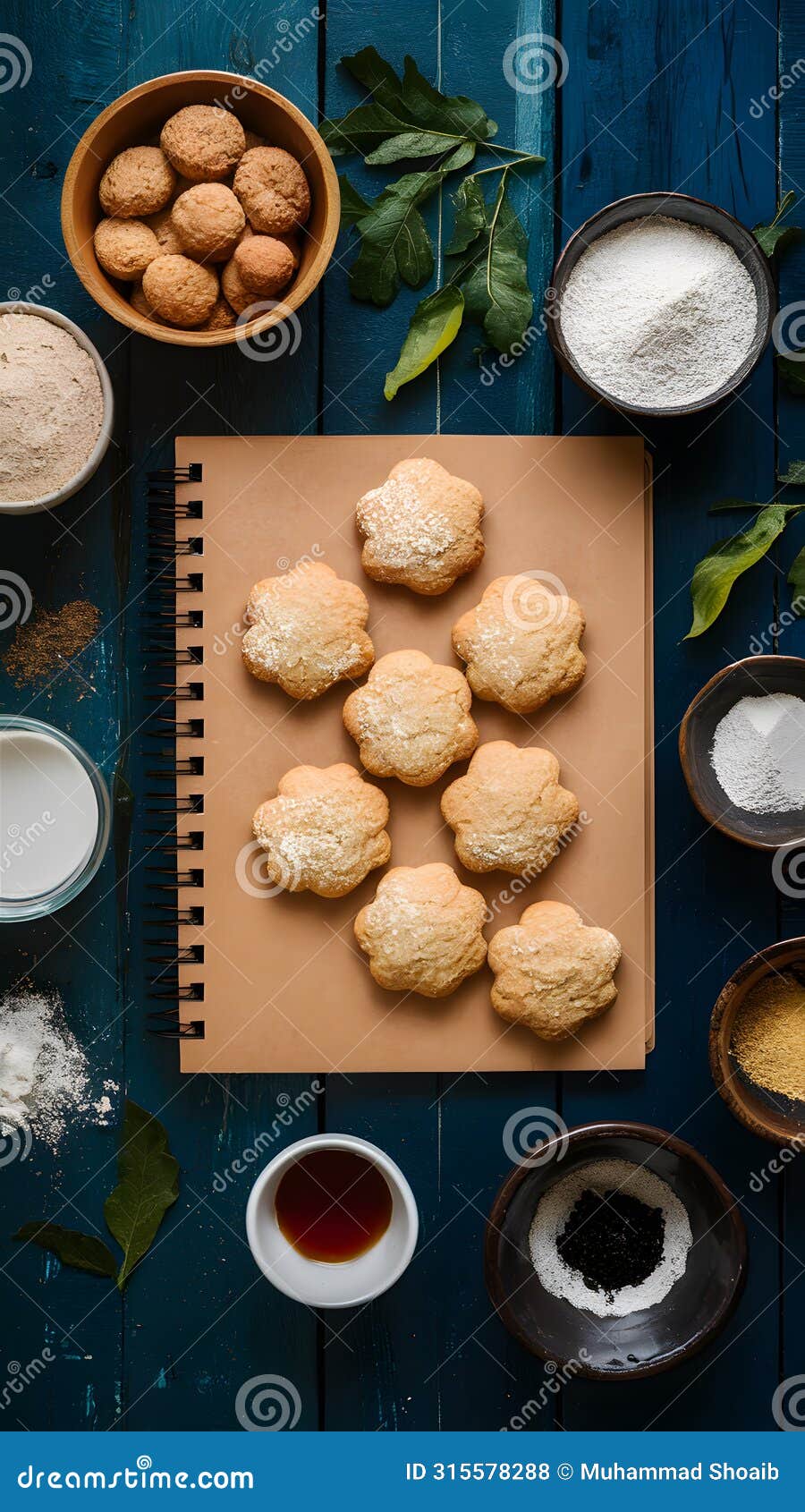 Baking Cookies Layout with Notebook and Ingredients, Top View Stock ...