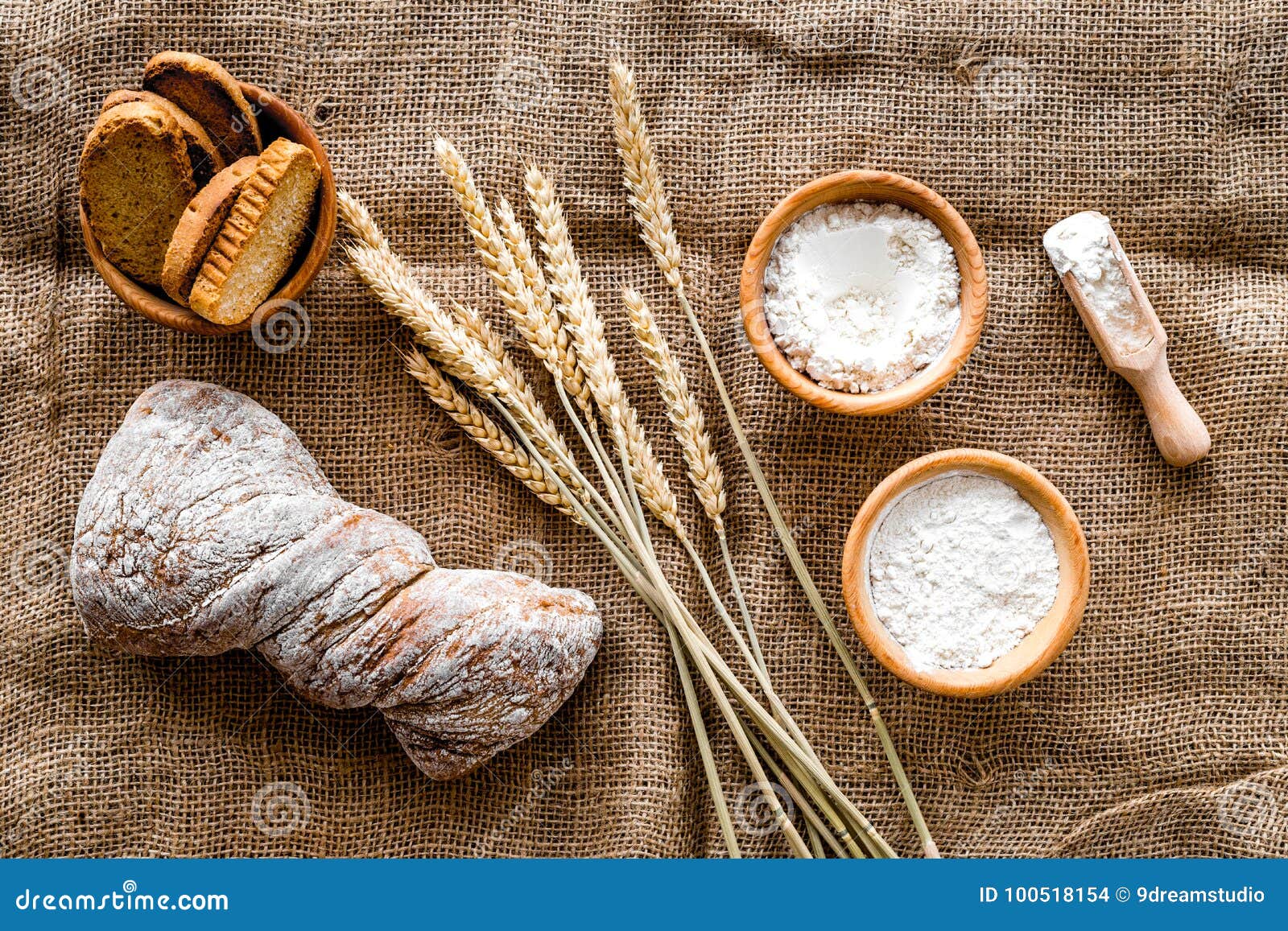 Baking Fresh Wheaten Bread on Bakery Work Table Background Top View ...