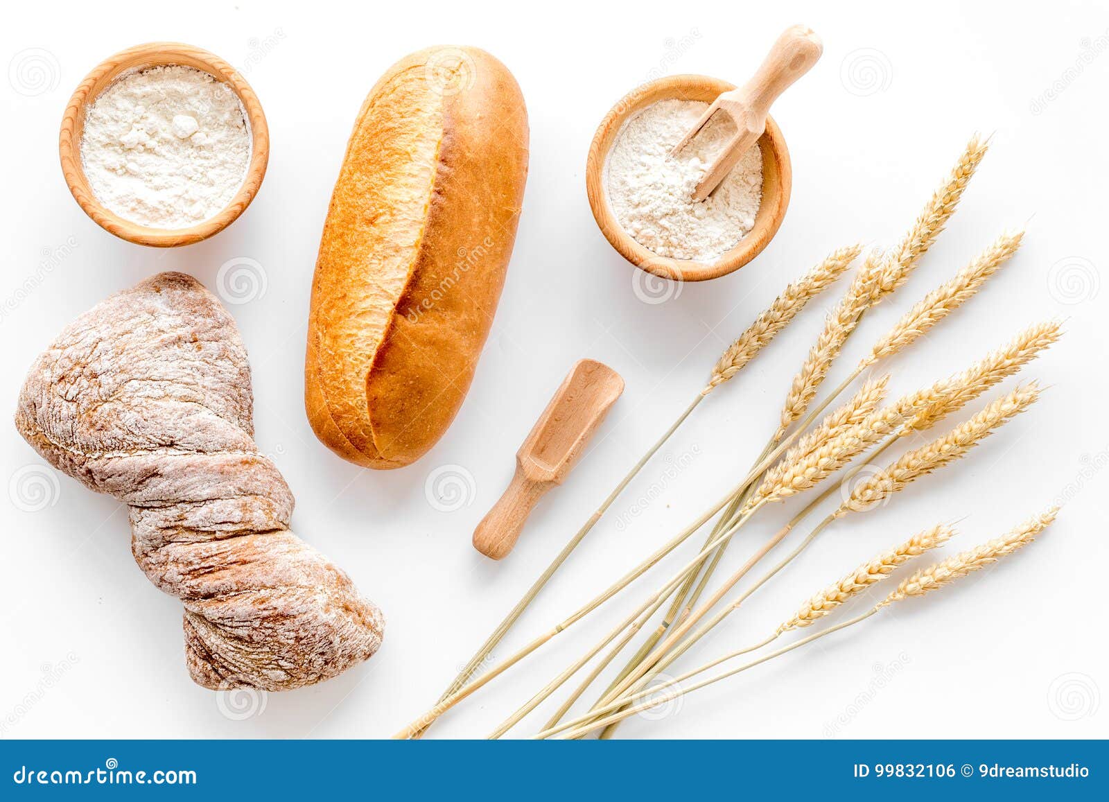 Baking Fresh Wheaten Bread on Bakery Work Table Background Top View ...