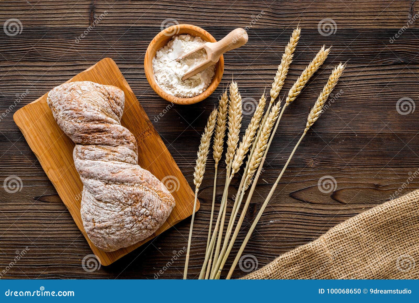 Baking Fresh Wheaten Bread on Bakery Work Table Background Top View ...