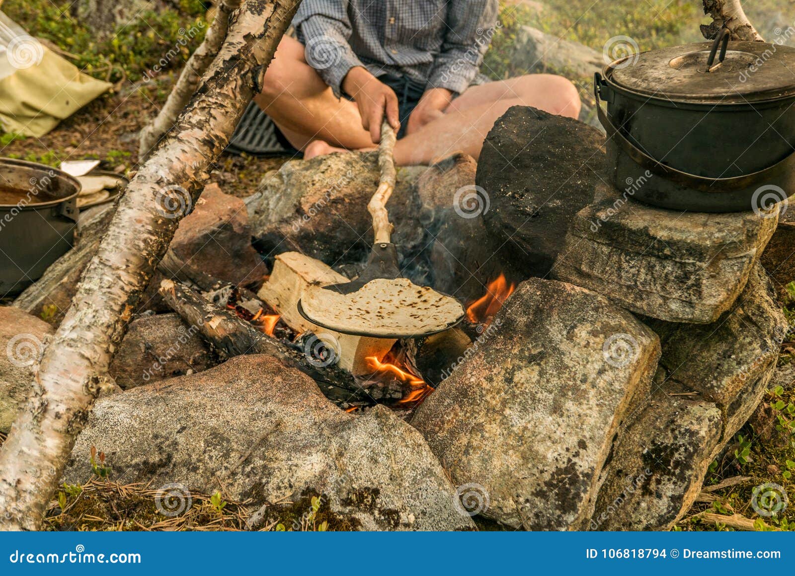 Baking Frying Bread on an Open Fire Outside Stock Photo - Image of ...