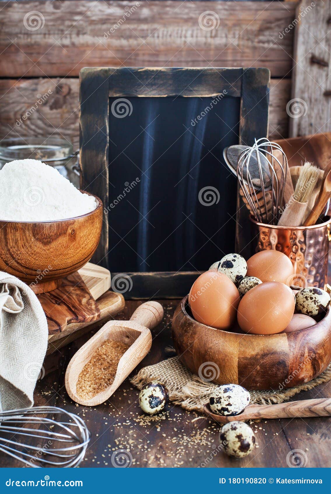 Baking Ingredients and Blackboard on Background, Rustic Style Stock ...
