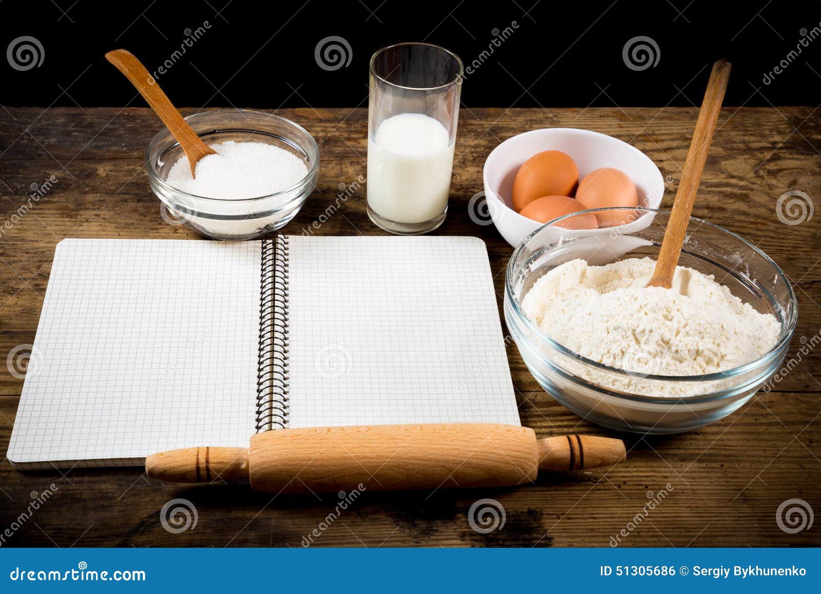Baking Ingredients and Cook Book on Table Stock Photo - Image of recipe ...