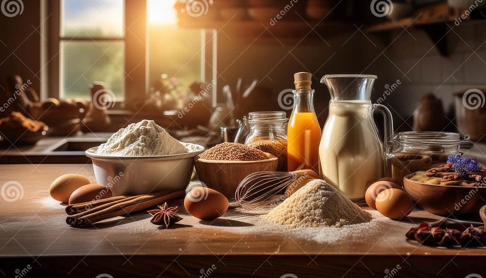 Baking Ingredients Scattered Across Kitchen Counter Stock Photo - Image ...