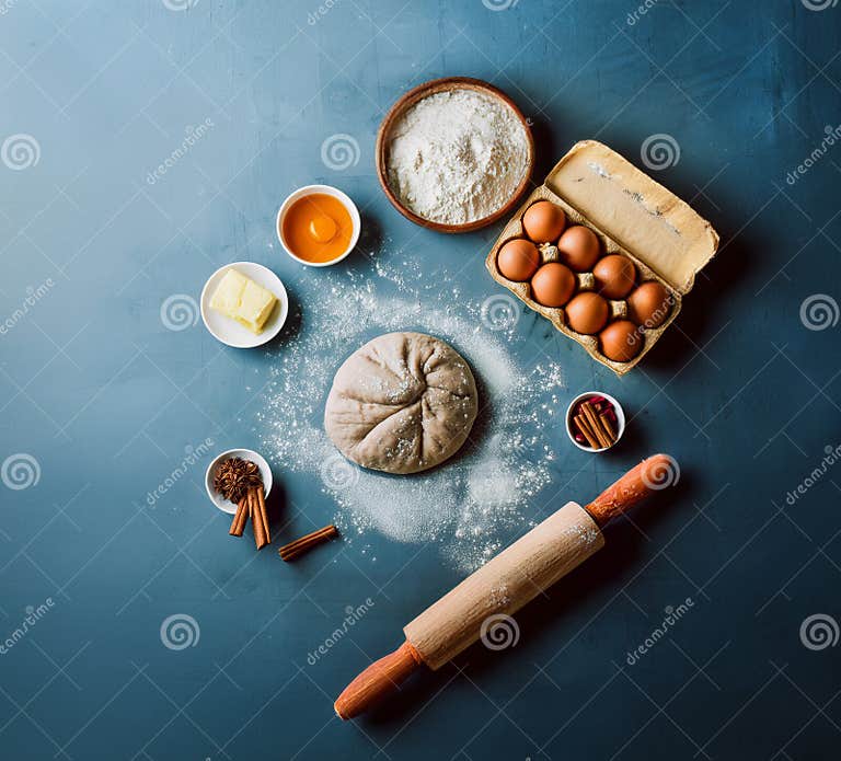 Baking Ingredients Spread on Blue Tabletop. AI Content Generation ...
