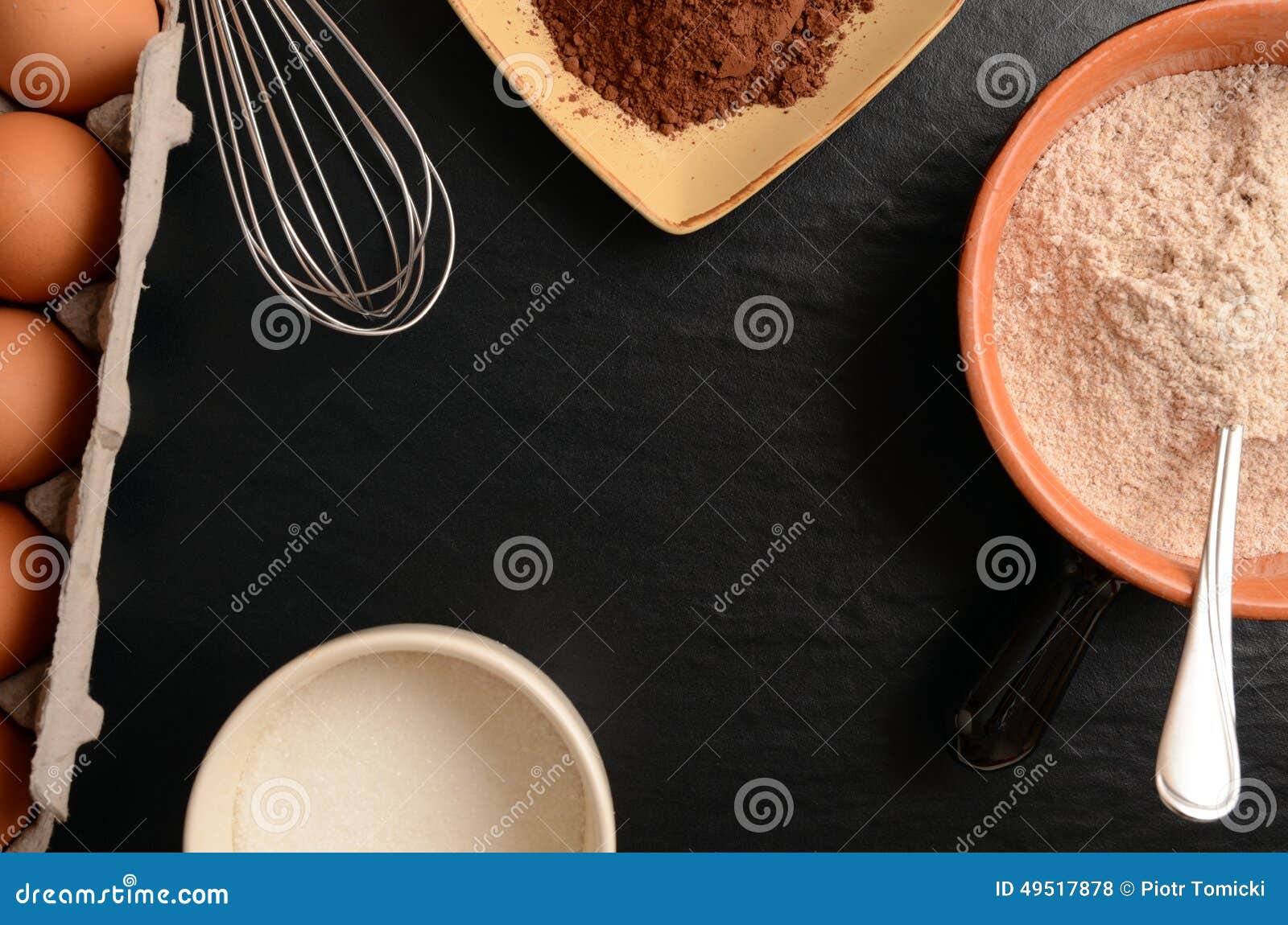 Baking Ingredients on a Stone Table: Eggs, Flour, Sugar and Cacao Stock ...