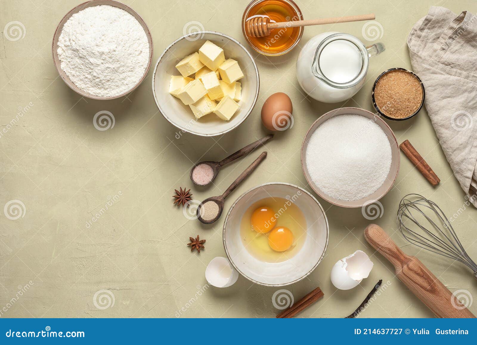 Baking Ingredients Table. Plaster Beige Background Stock Image - Image ...